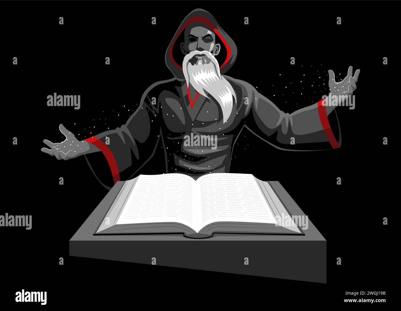 Simple flat vector illustration of a Wizard casts his magic by reading ...