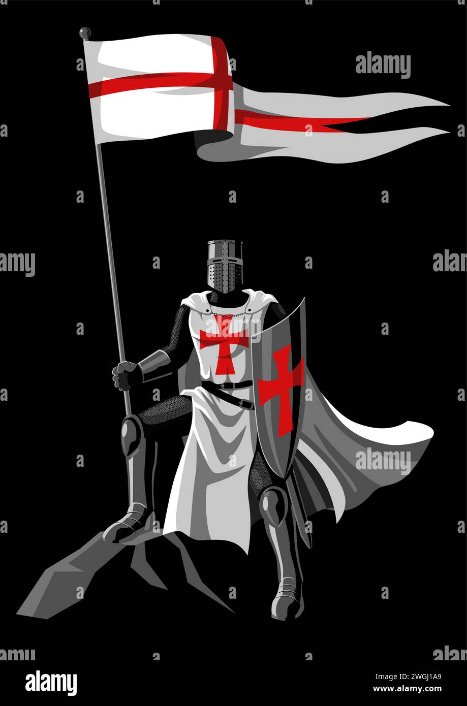 Simple flat vector illustration of Templar Knight holding a flag and ...