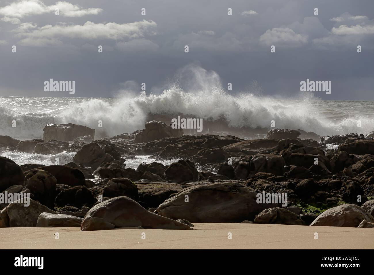 Sea before rain and storm. Northern portuguese rocky coast during early ...
