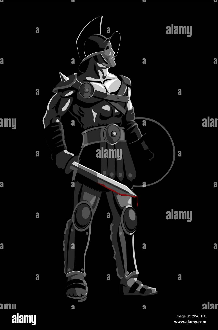 Simple flat vector illustration of a gladiator standing with sword and ...