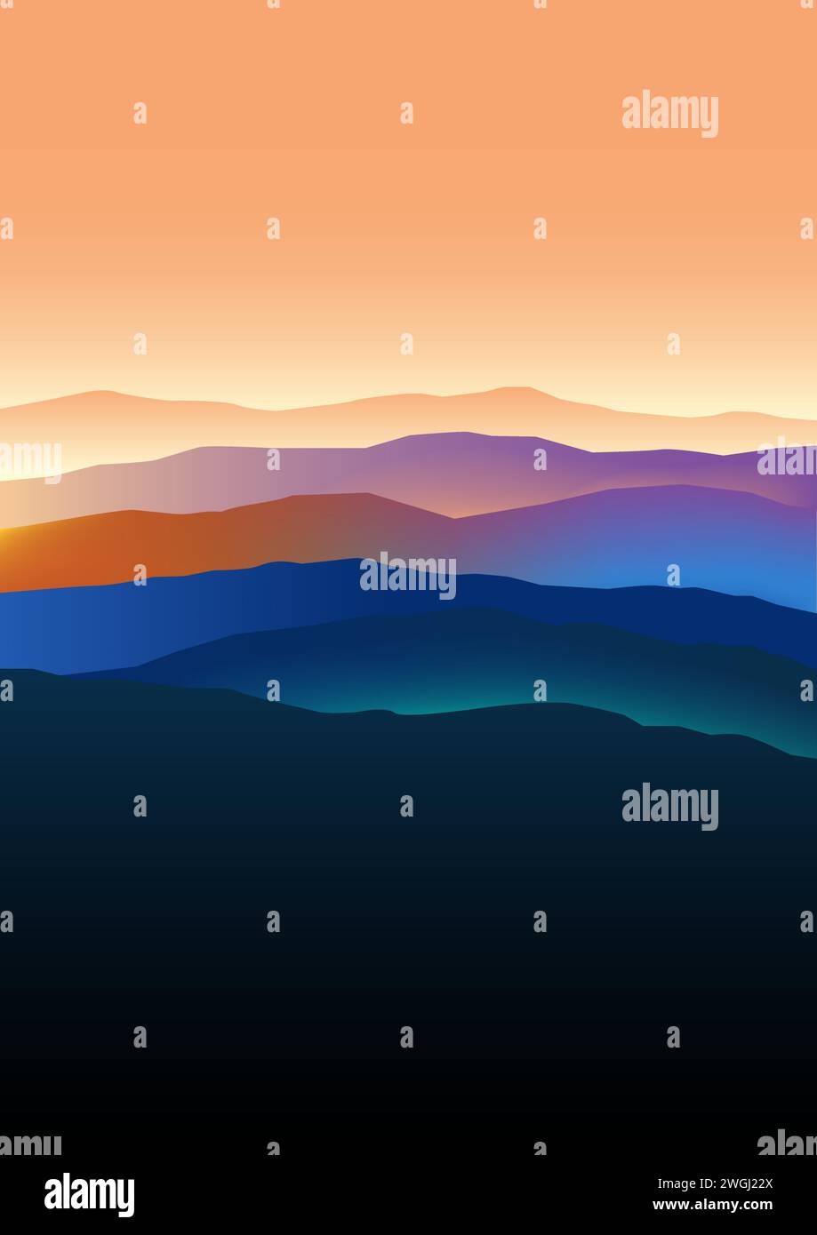 Graphic illustration of sunrise view in the mountains, landscape in ...