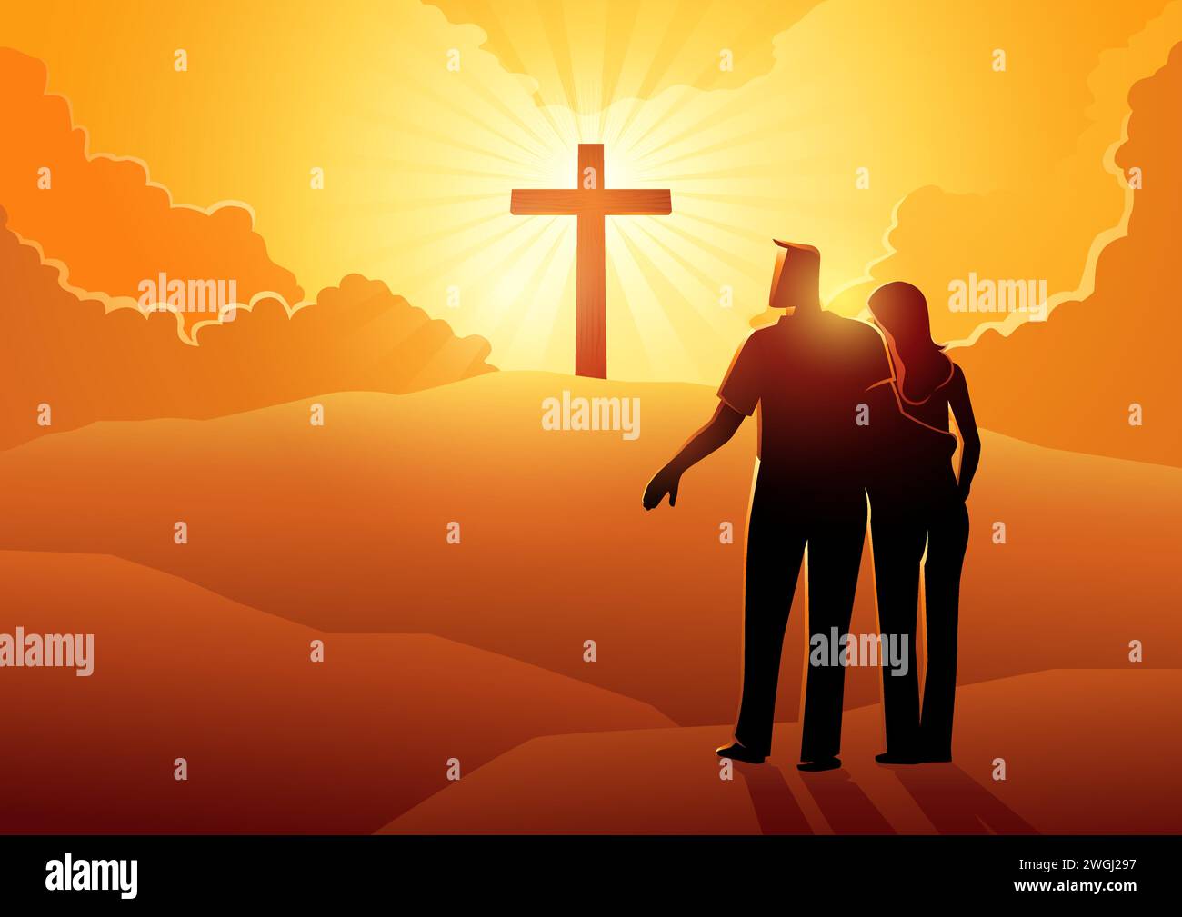 Couple hands reaching to one another on a cross on a hill background ...