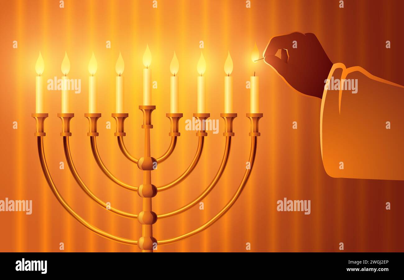 Hand igniting candles on the menorah, Jewish holiday background ...