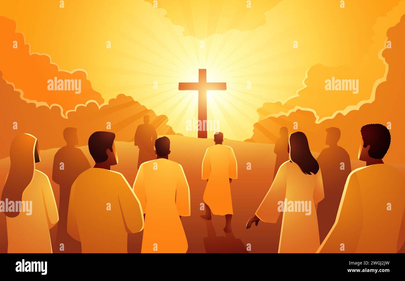 Biblical vector illustration series of people climbed the hill towards ...