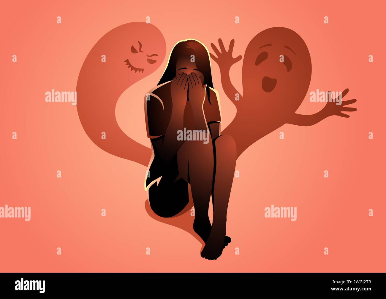 Sad depressed woman sitting on the floor surrounded by creepy shadows ...