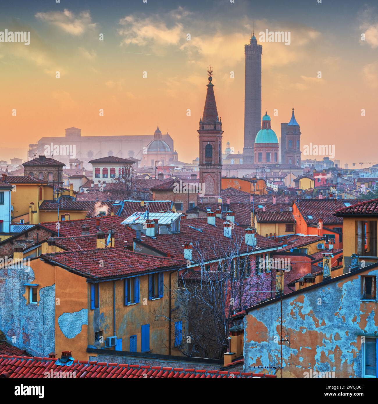 Bologna, Italy rooftop skyline and famous historic towers at dusk Stock ...