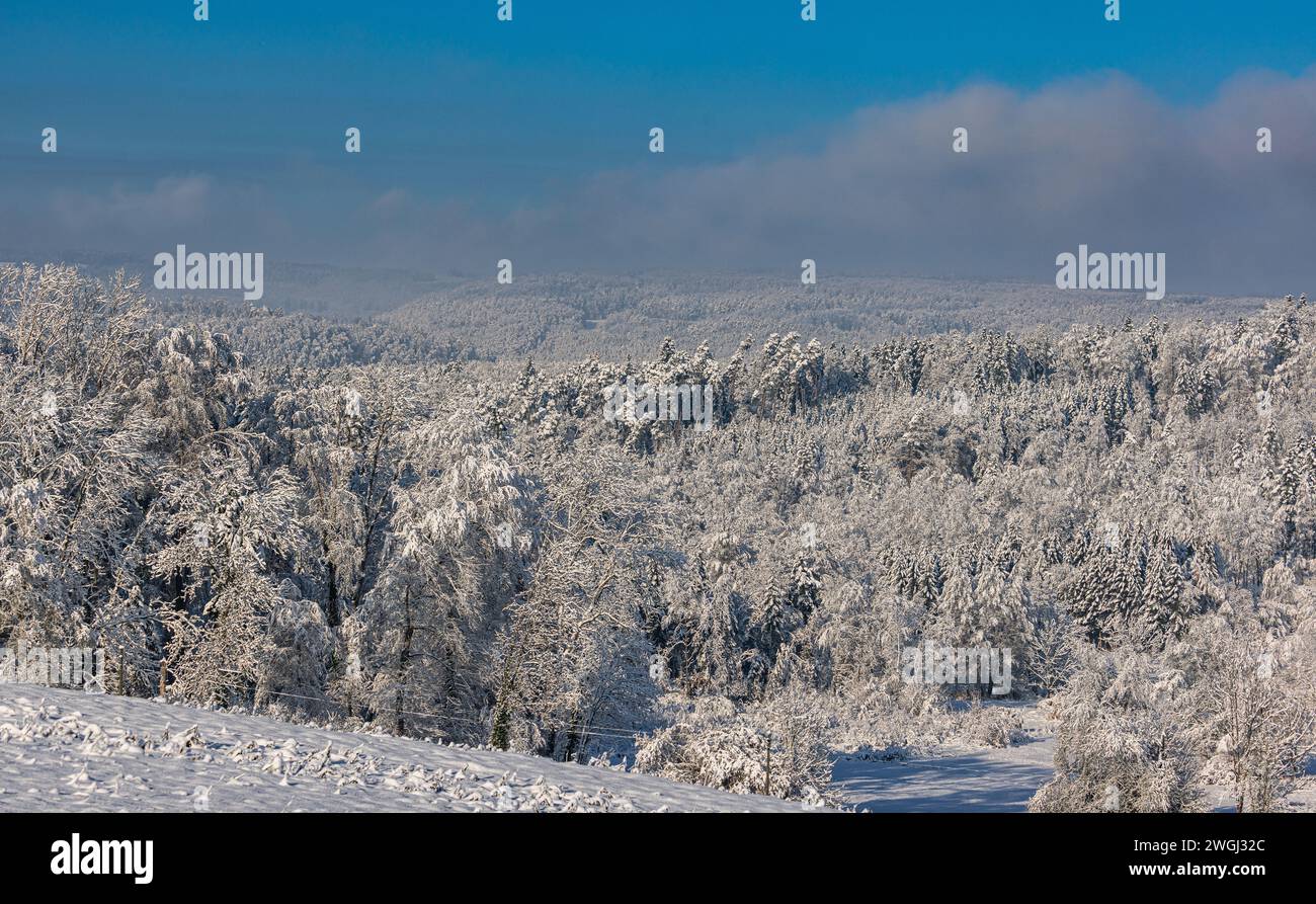 Der Winter hat die Landschaft rund um die deutsche Gemeinde Degernau ...