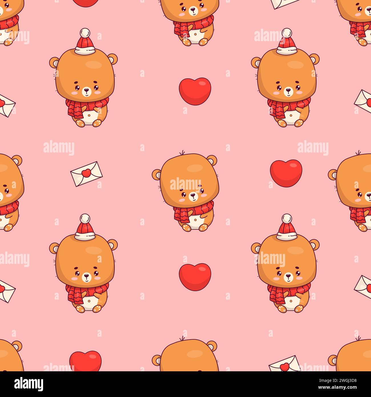 Seamless pattern with cute bear cub with hearts and love letters on ...