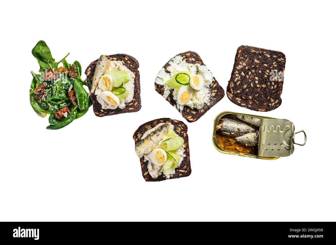 Delicious appetizer tapas, soft boiled eggs and canned sardines ...