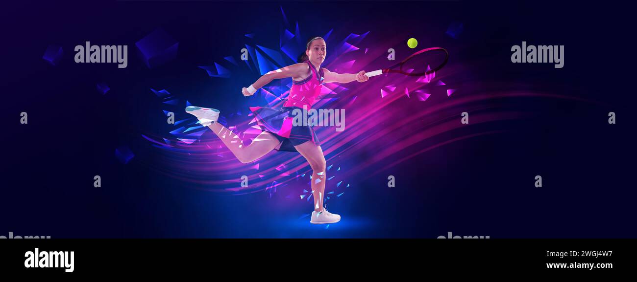 Poster. Athletic woman, tennis player hits ball with racket against ...