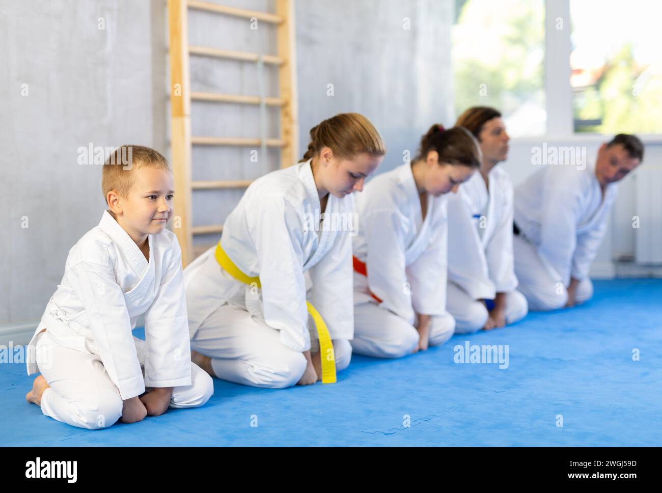 Group of people in kimono with master in sitting position during group ...