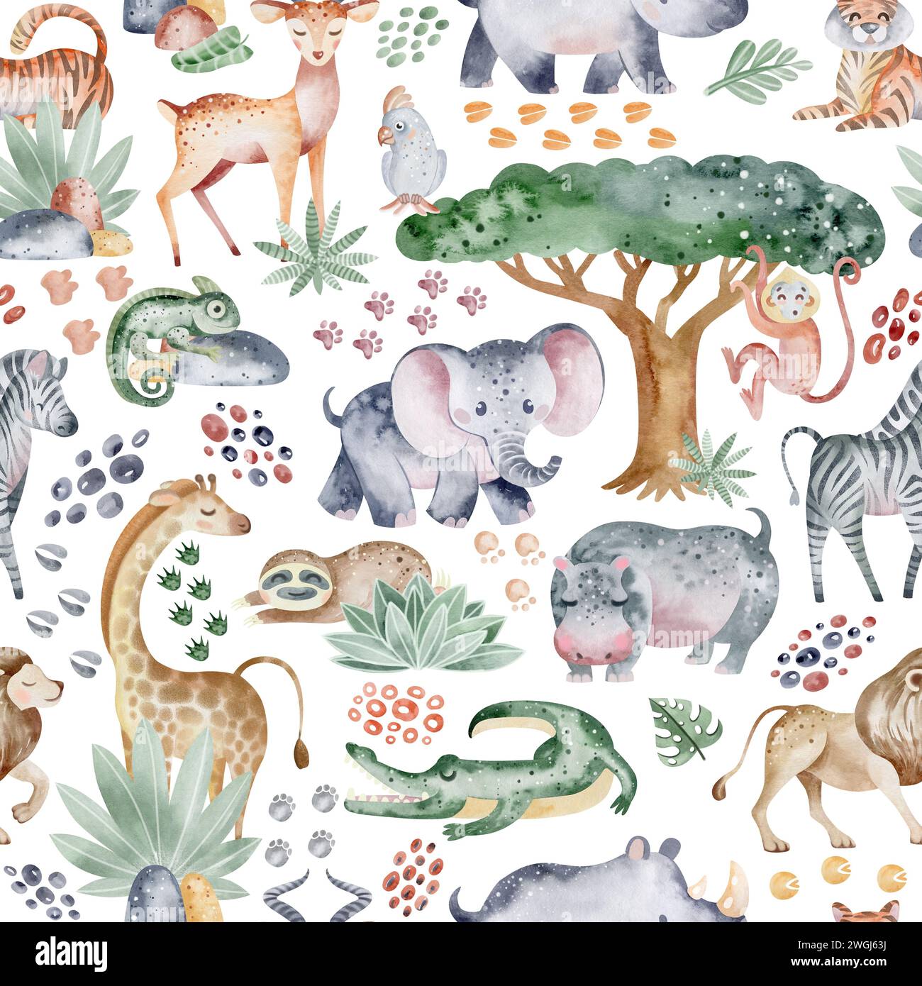 Savanna seamless pattern. Watercolor animals of the African zoo. Herds ...