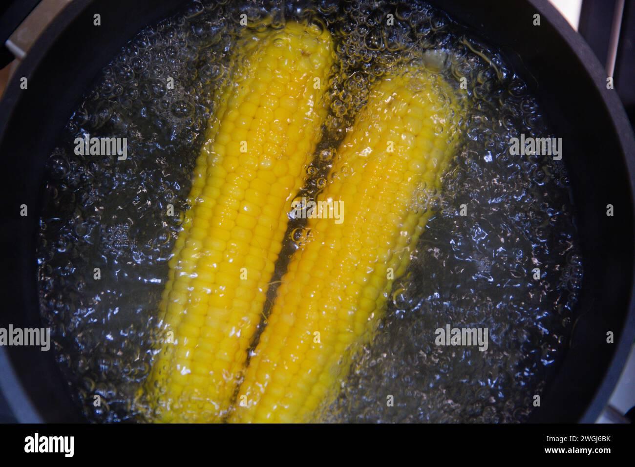 The corn cooking in a sizzling stovetop frying pan Stock Photo - Alamy