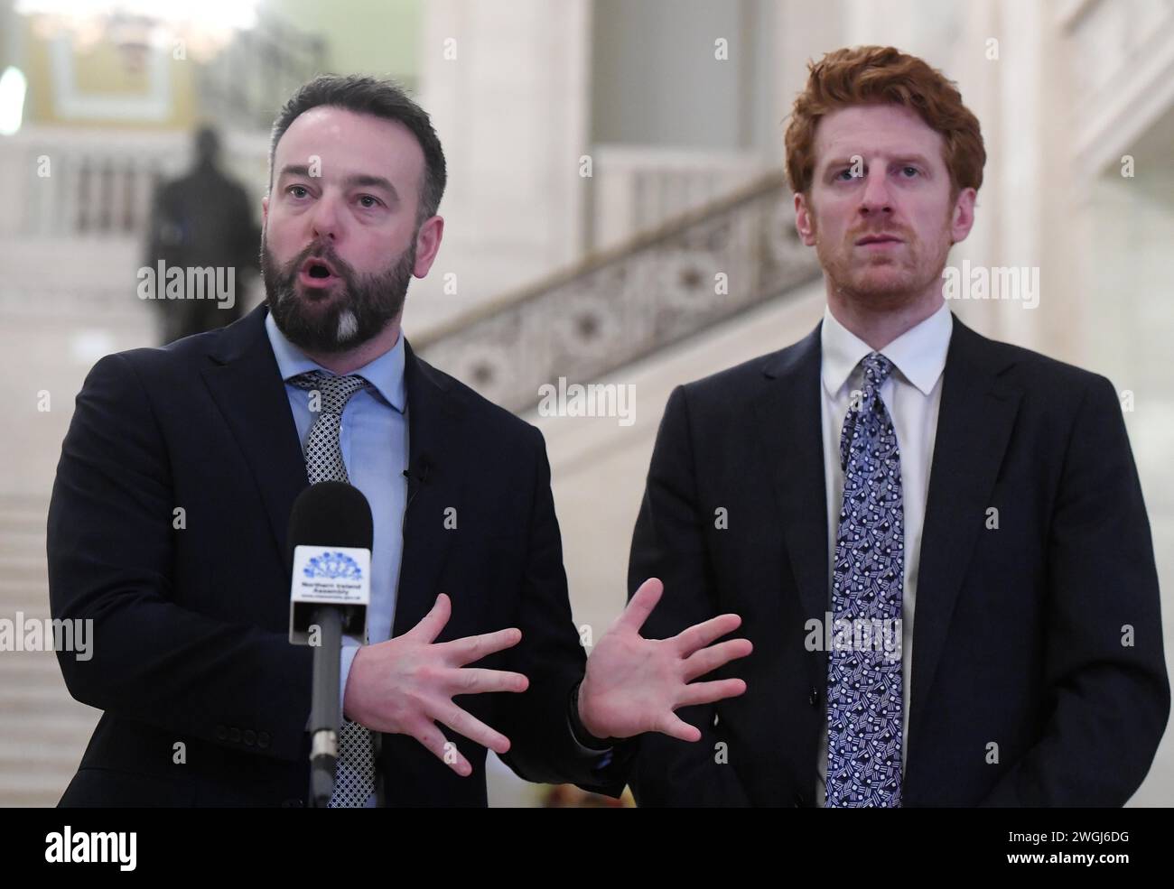 SDLP leader Colum Eastwood (left) and Matthew O'Toole speak during a ...