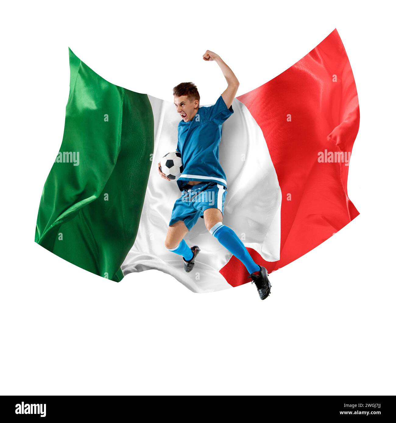 Champion, winning game. Emotional man, soccer playing in blue uniform ...