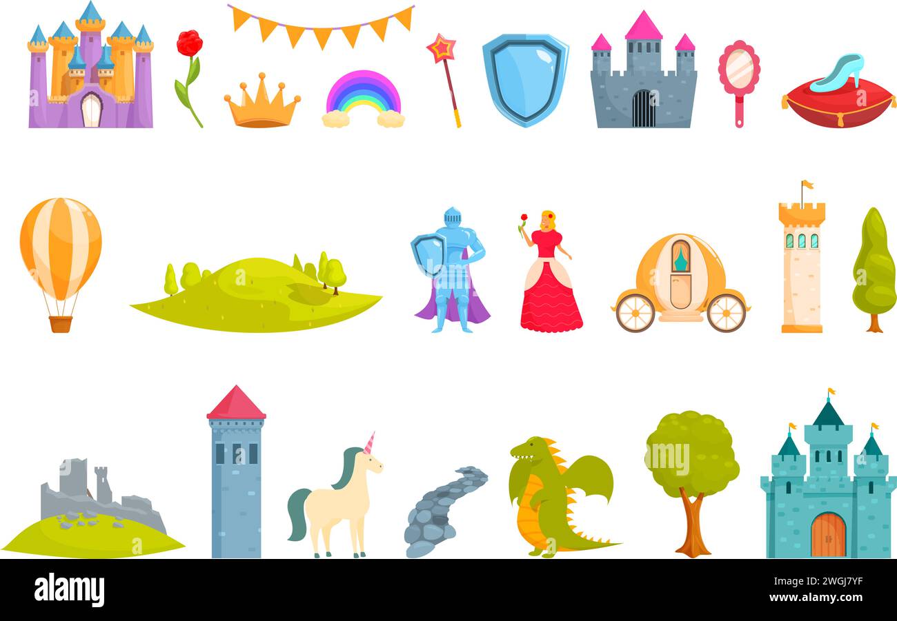Fairytale princess castle icons set cartoon vector. Fairy monument ...