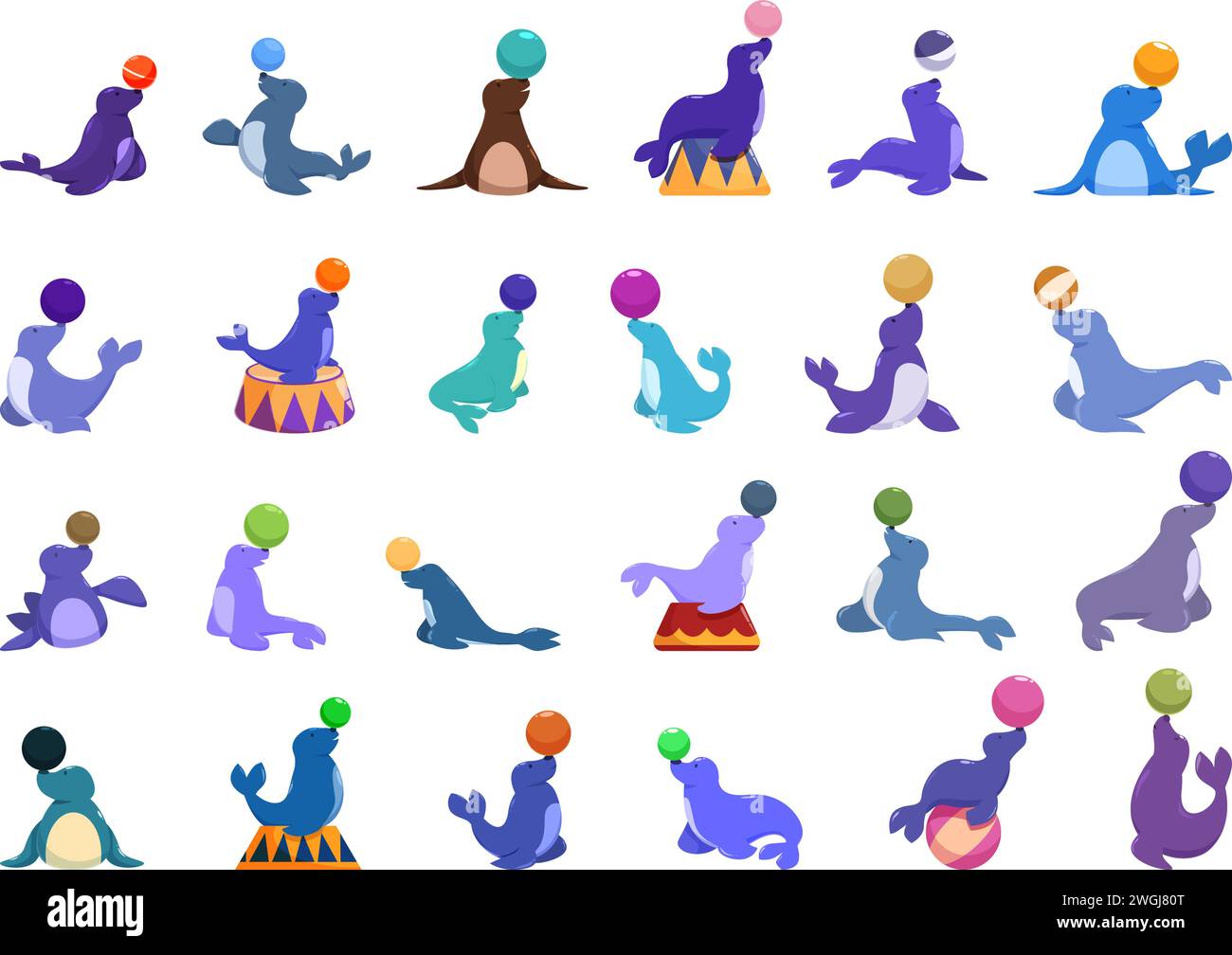 Seal holds ball icons set cartoon vector. Animal play. Carnival show ...