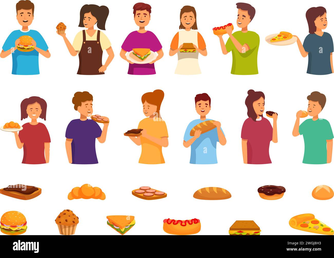 Kid eat bread icons set cartoon vector. Breakfast school. People happy meal Stock Vector Image ...