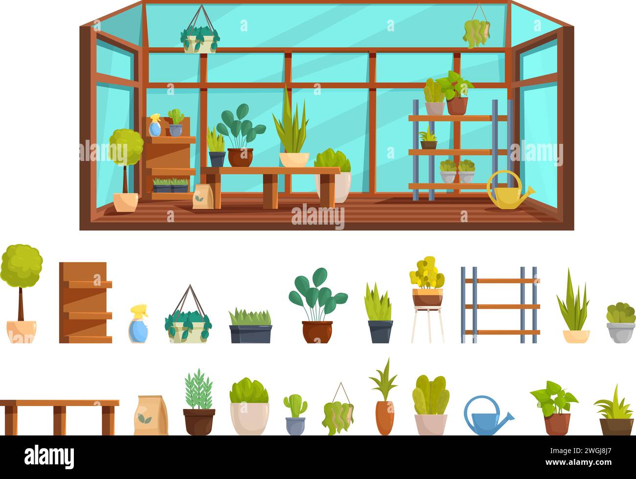 Greenhouse interior icons set cartoon vector. Plant shelves. Tree ...