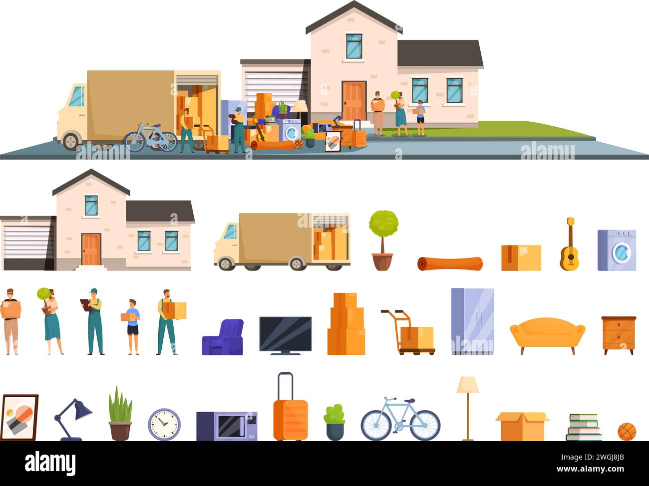 Family moving house icons set cartoon vector. Furniture home. Real ...