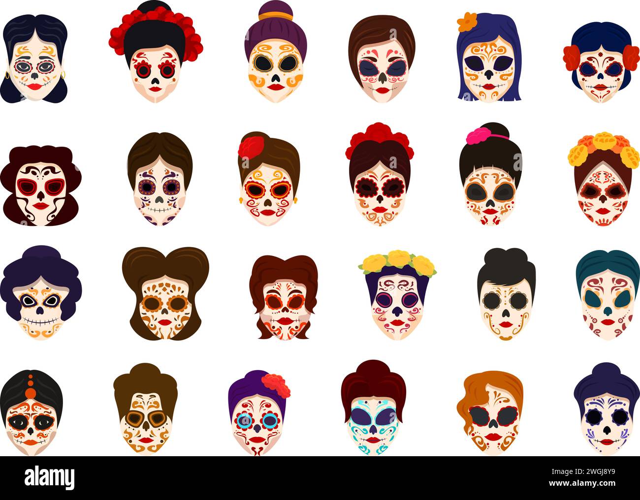 Mexican female skull icons set cartoon vector. Woman dead makeup ...
