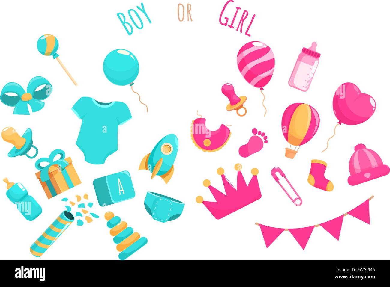 Announcement newborn gender icons set cartoon vector. Baby boy. Party ...