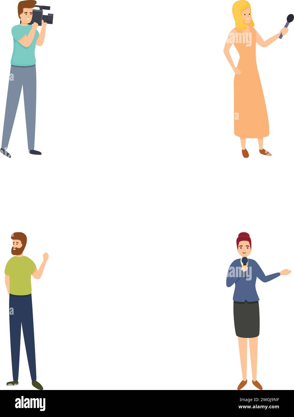 Girl reporter icons set cartoon vector. Journalist with microphone and cameraman. Reportage ...