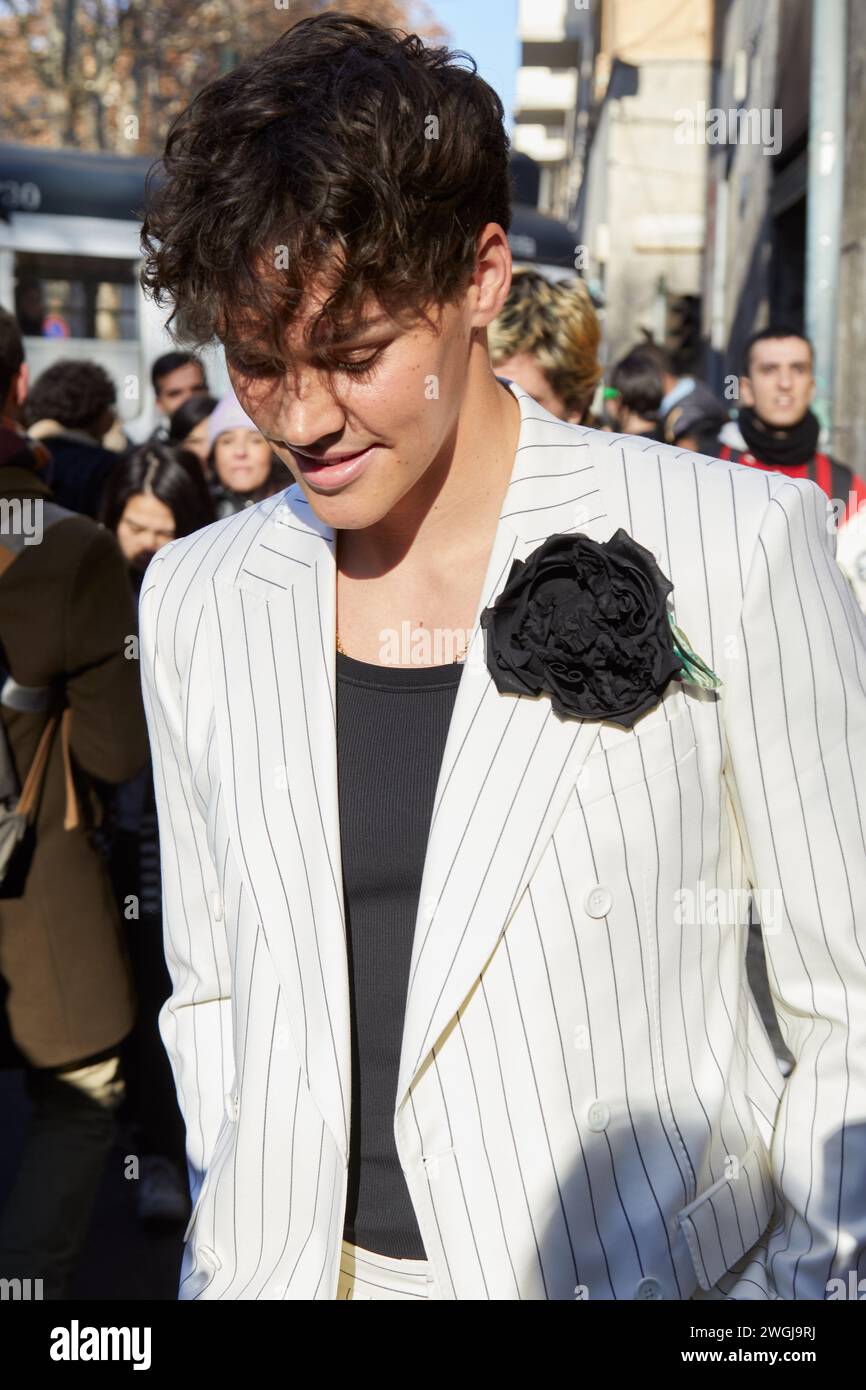 MILAN, ITALY - JANUARY 13, 2024: Noah Beck before Dolce and Gabbana ...