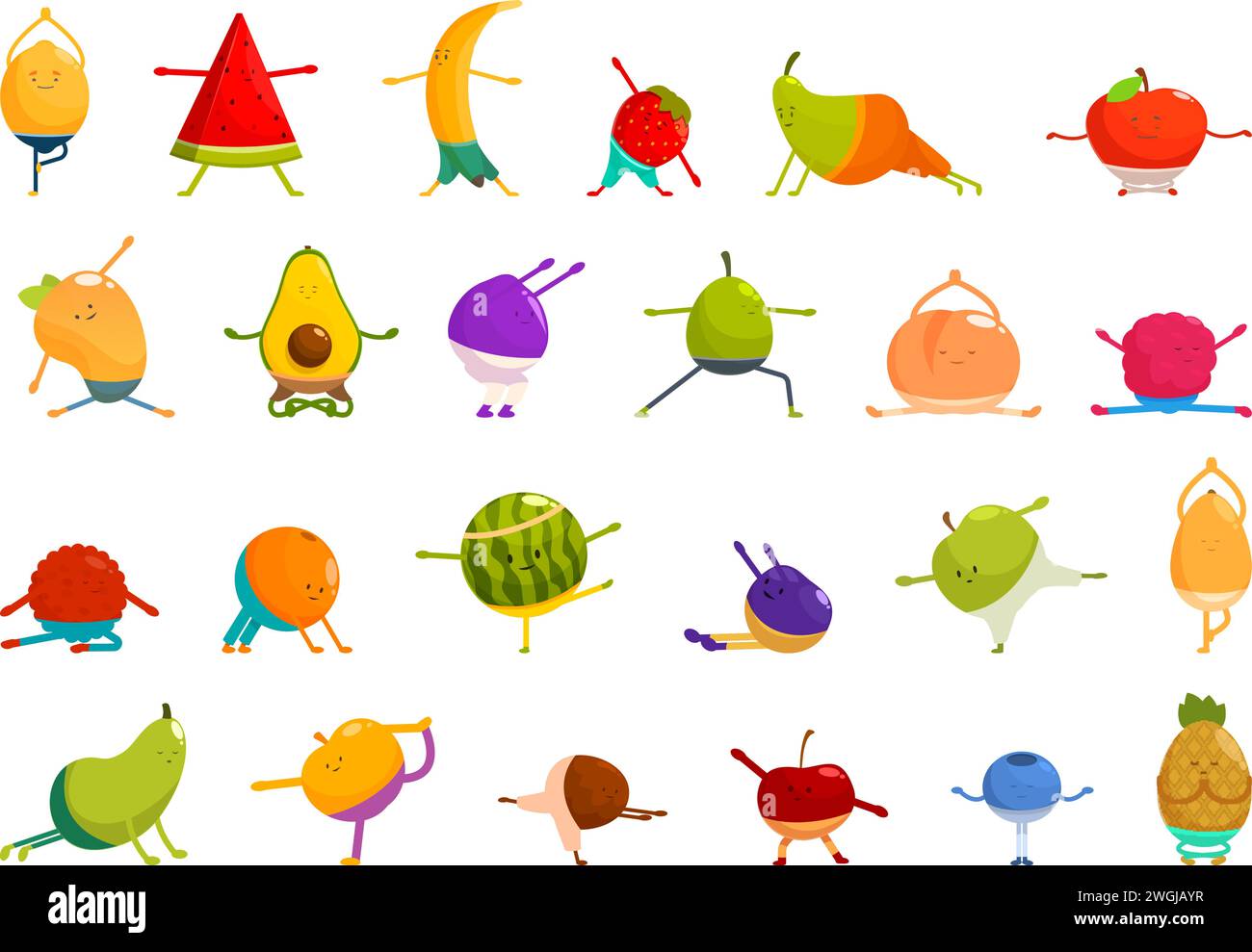 Fruit yoga icons set cartoon vector. Funny characters meditates ...
