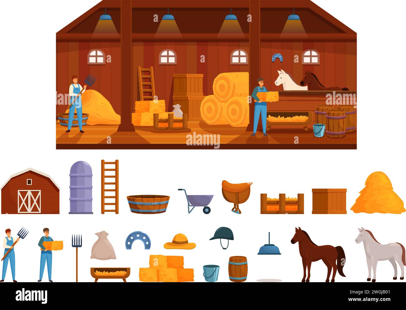 Farm stable icons set cartoon vector. Barn floor interior. Wooden ranch ... Farm stable icons set cartoon vector. Barn floor interior. Wooden ranch ...