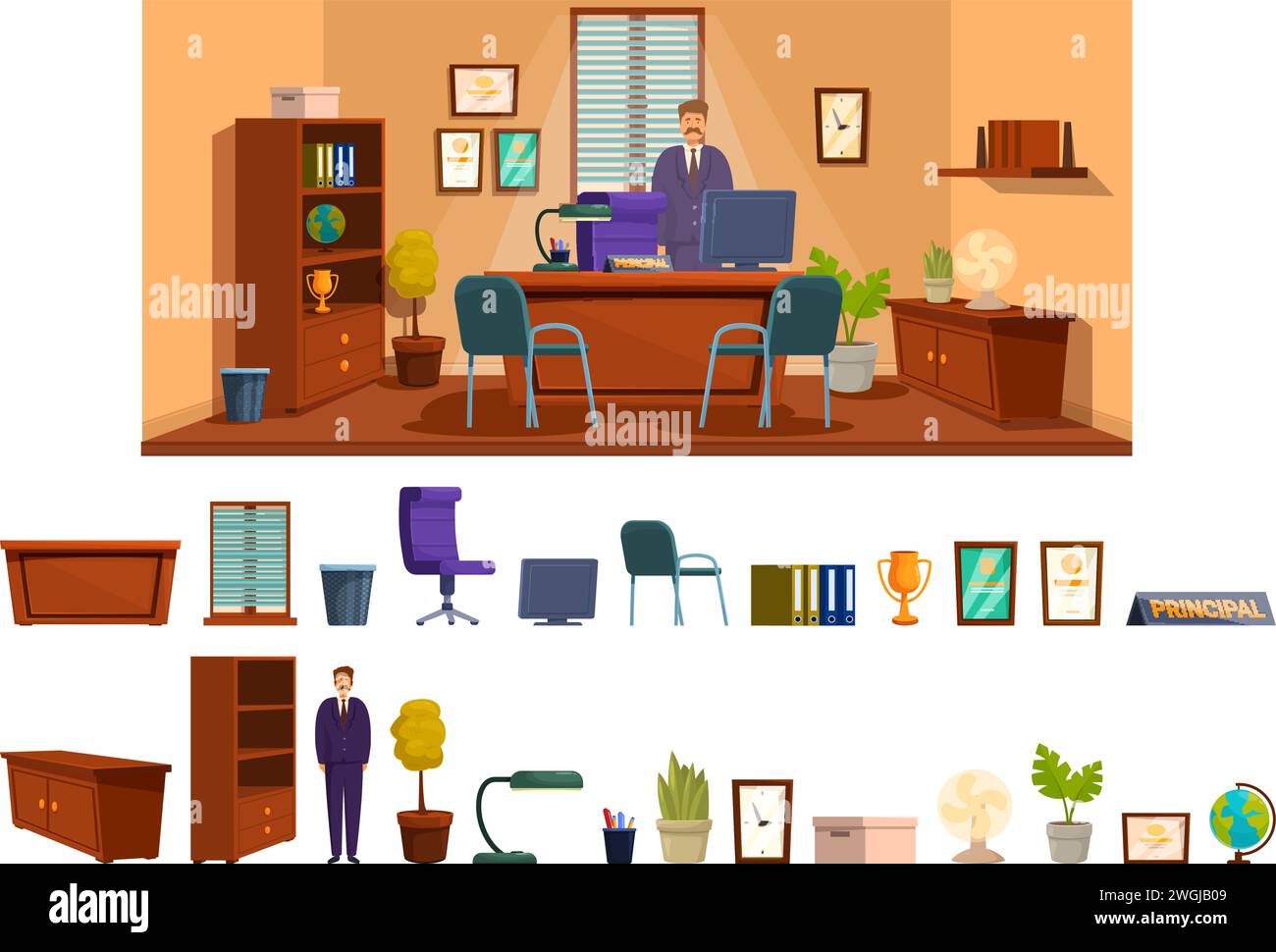 School principal office room icons set cartoon vector. Workplace furniture. Director table Stock ...