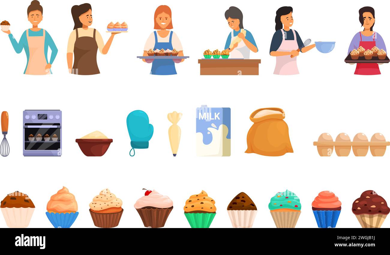 Woman cupcakes icons set cartoon vector. Female sweet food. Accident kitchen Stock Vector Image ...