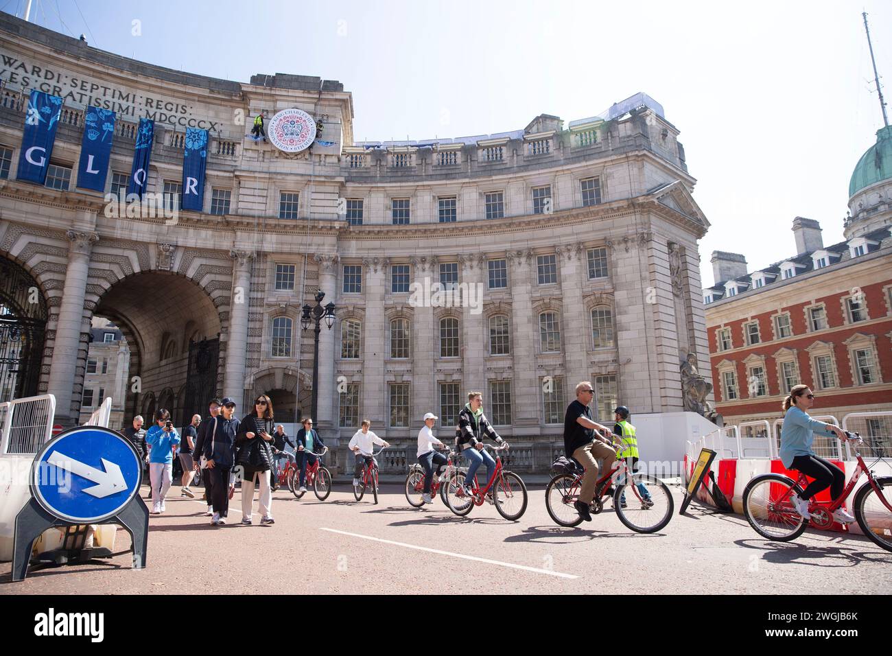 The coronation emblem of King Charles III is installed on the Admiralty ...