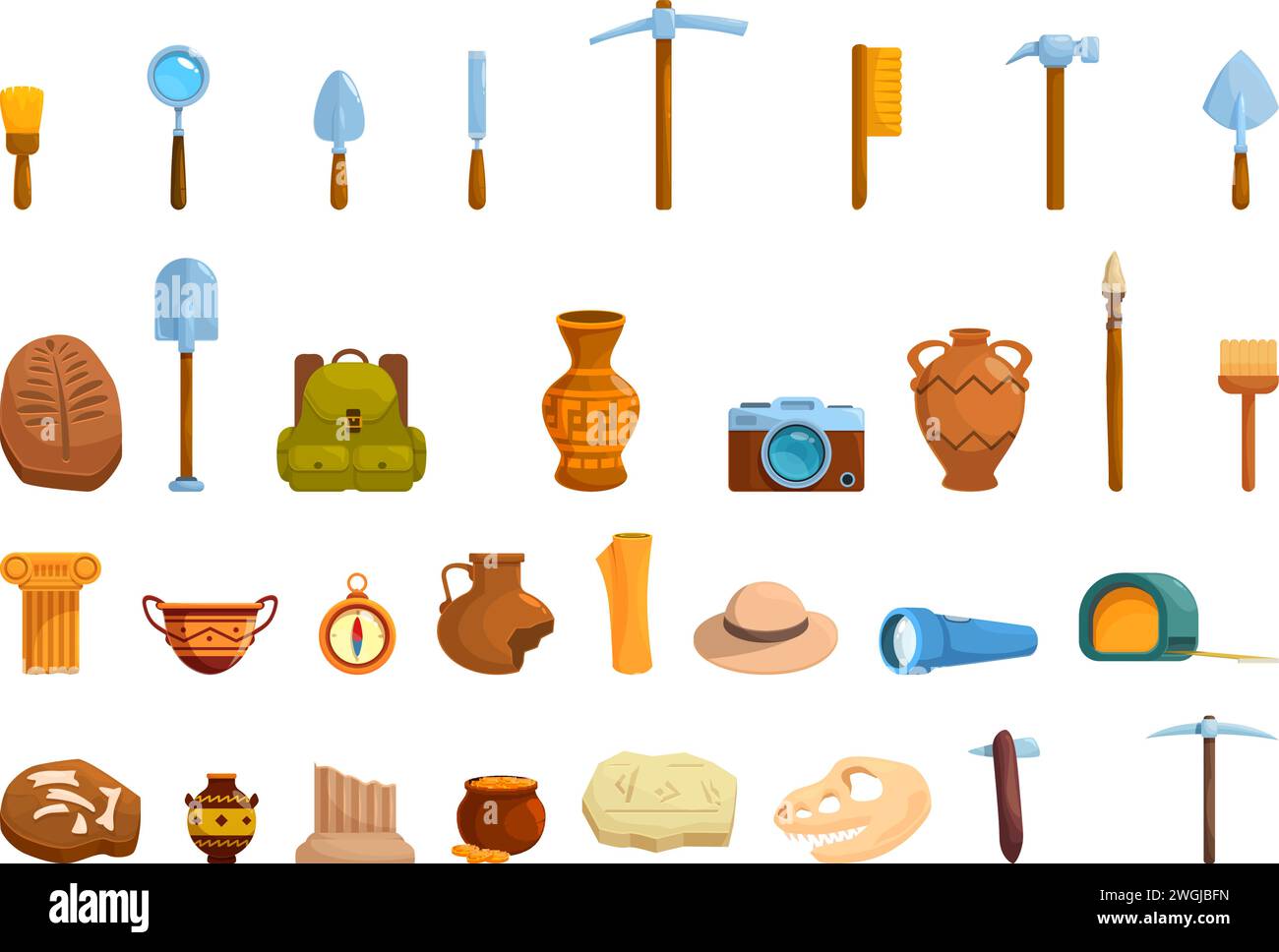 Excavation tools icons set cartoon vector. Ancient artifacts. Treasures ...