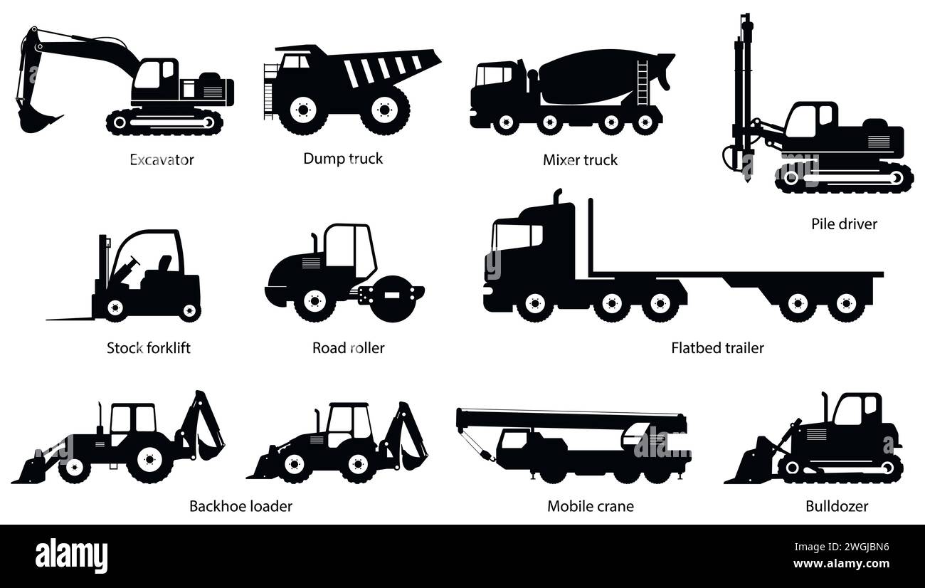 Set of Construction machines. Heavy machinery for Excavator, Dump ...