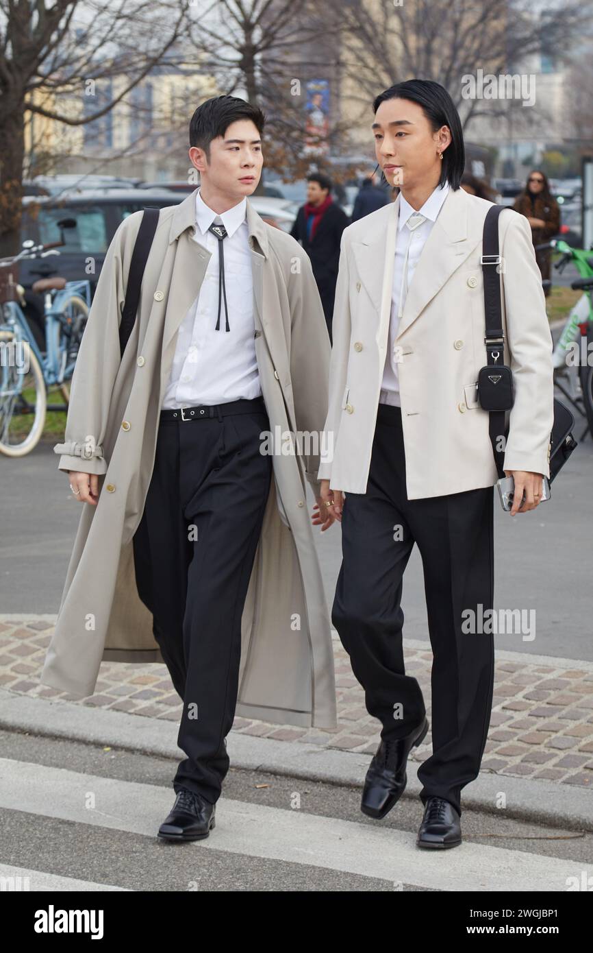 MILAN, ITALY - JANUARY 14, 2024: Taiki Takahashi, Noah Lee before Prada ...