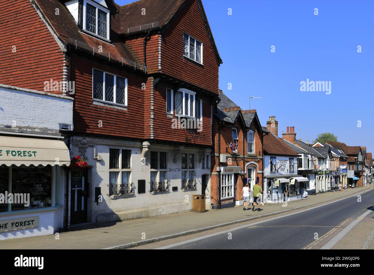 View along the High Street at Lyndhurst town; New Forest National Park ...