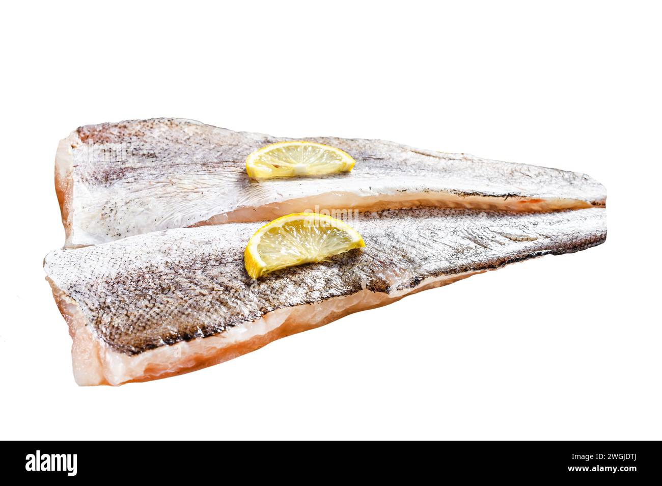 Fresh raw hake fish fillet with pepper and lemon. Isolated on white ...