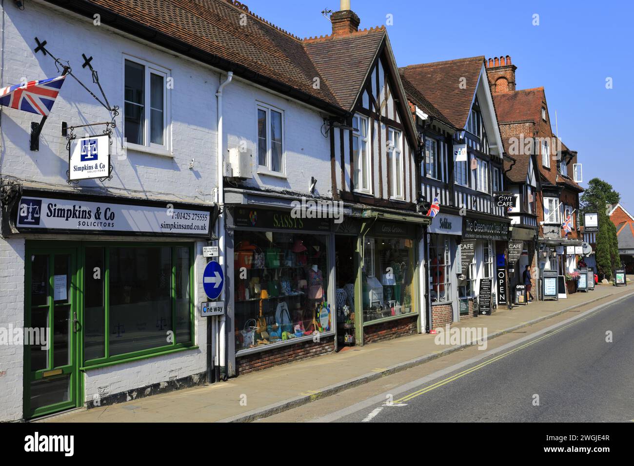View along the High Street at Lyndhurst town; New Forest National Park ...