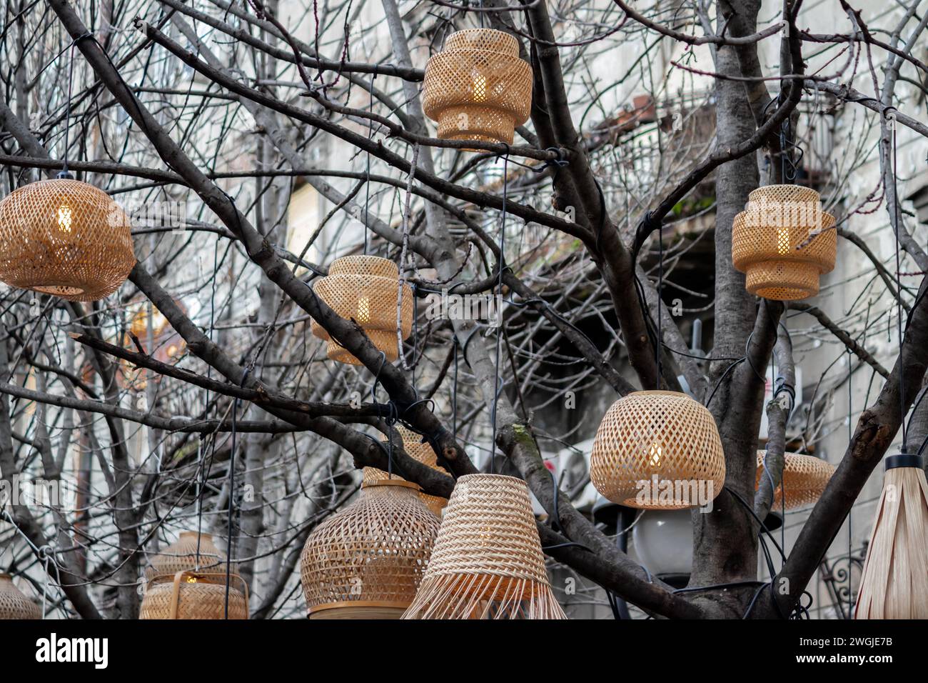 Decorative lanterns fairy lights made of handicraft bamboo braid basket ...