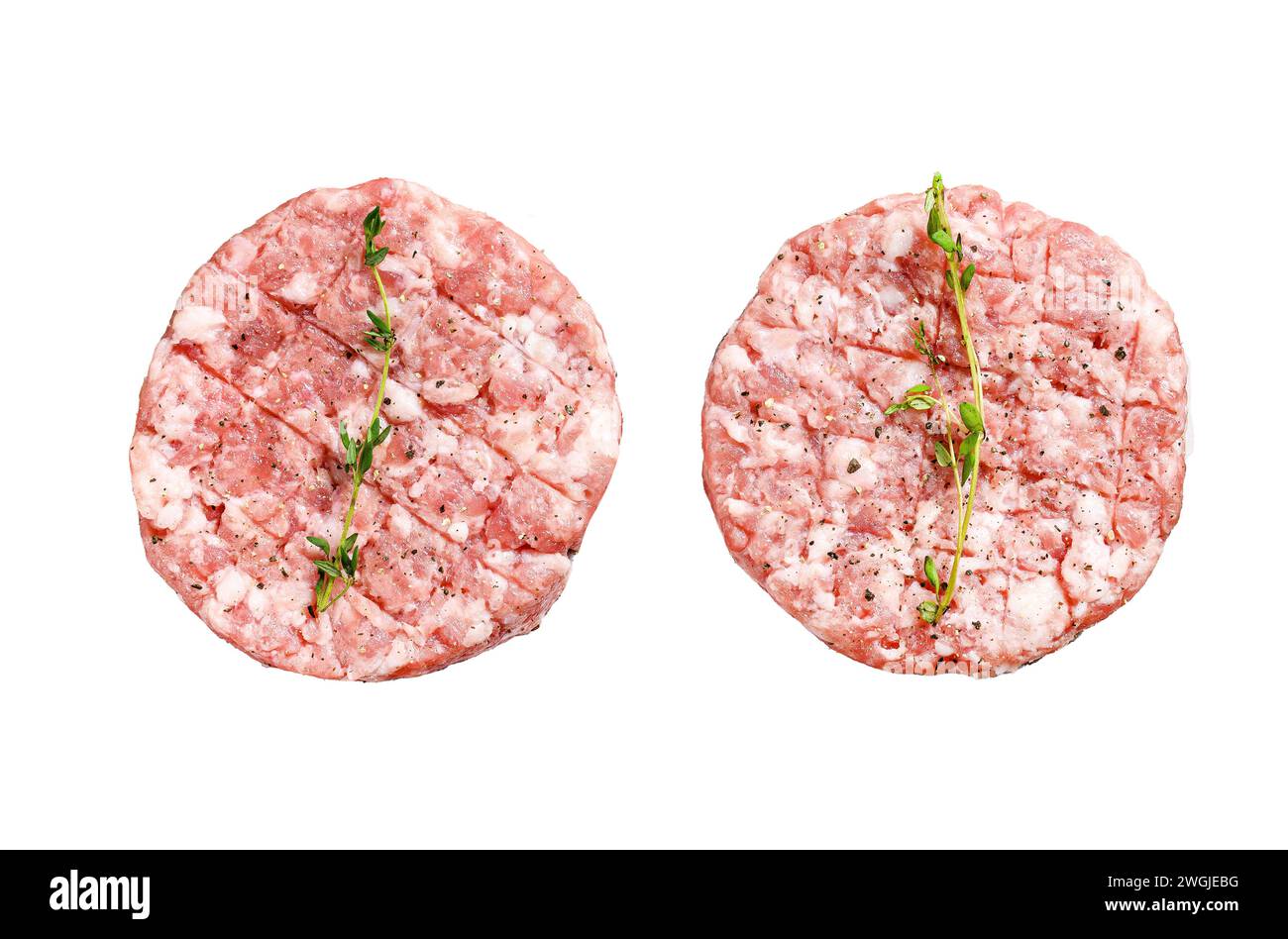 Raw pork cutlets, ground meat patty Isolated on white background. Top ...