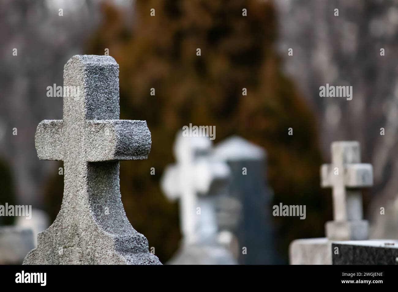 Marble and stone crosses at city graveyard, rest in peace to the dead ...