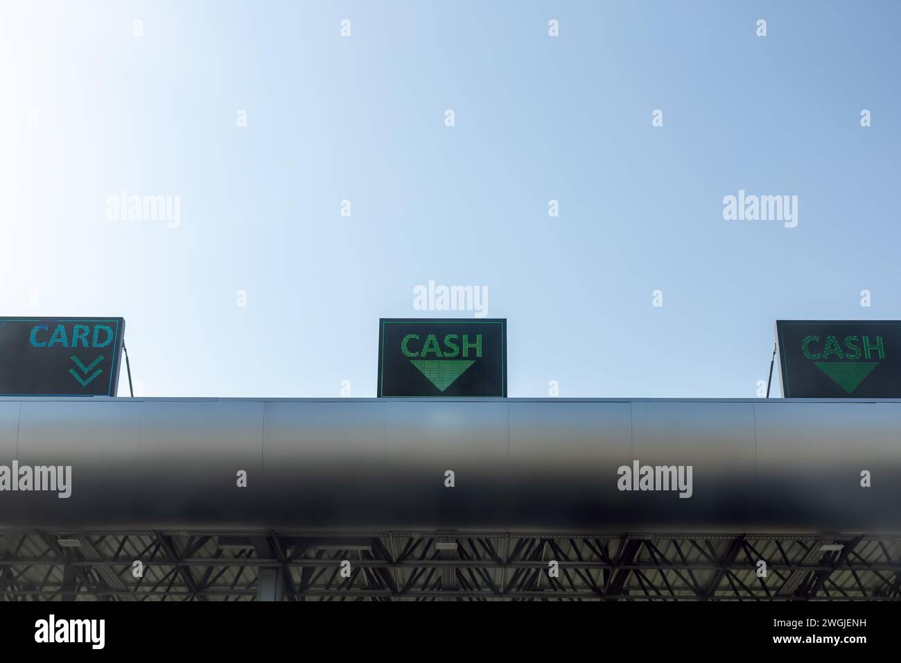 cash and card light signs on highway toll station Stock Photo - Alamy
