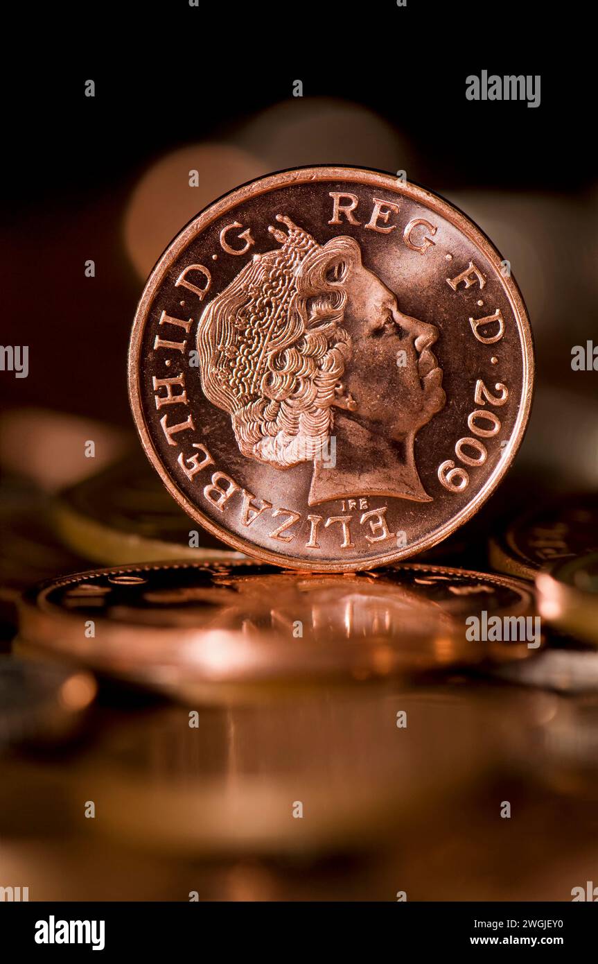 Studio shot of a one penny piece with Queen Elizabeth head on in ...