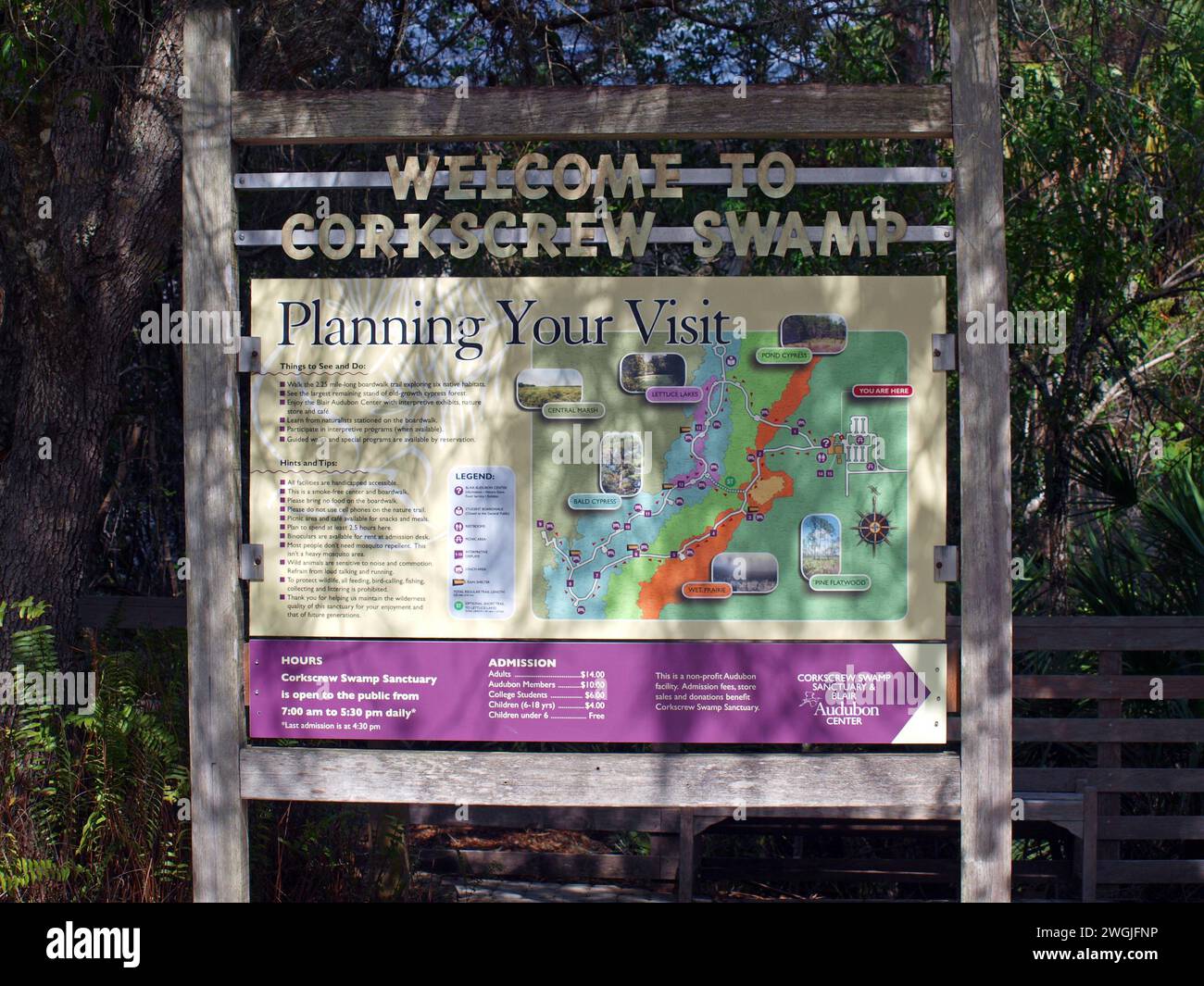 Corkscrew Swamp, Florida, United States - April 12, 2015: Sign with the ...