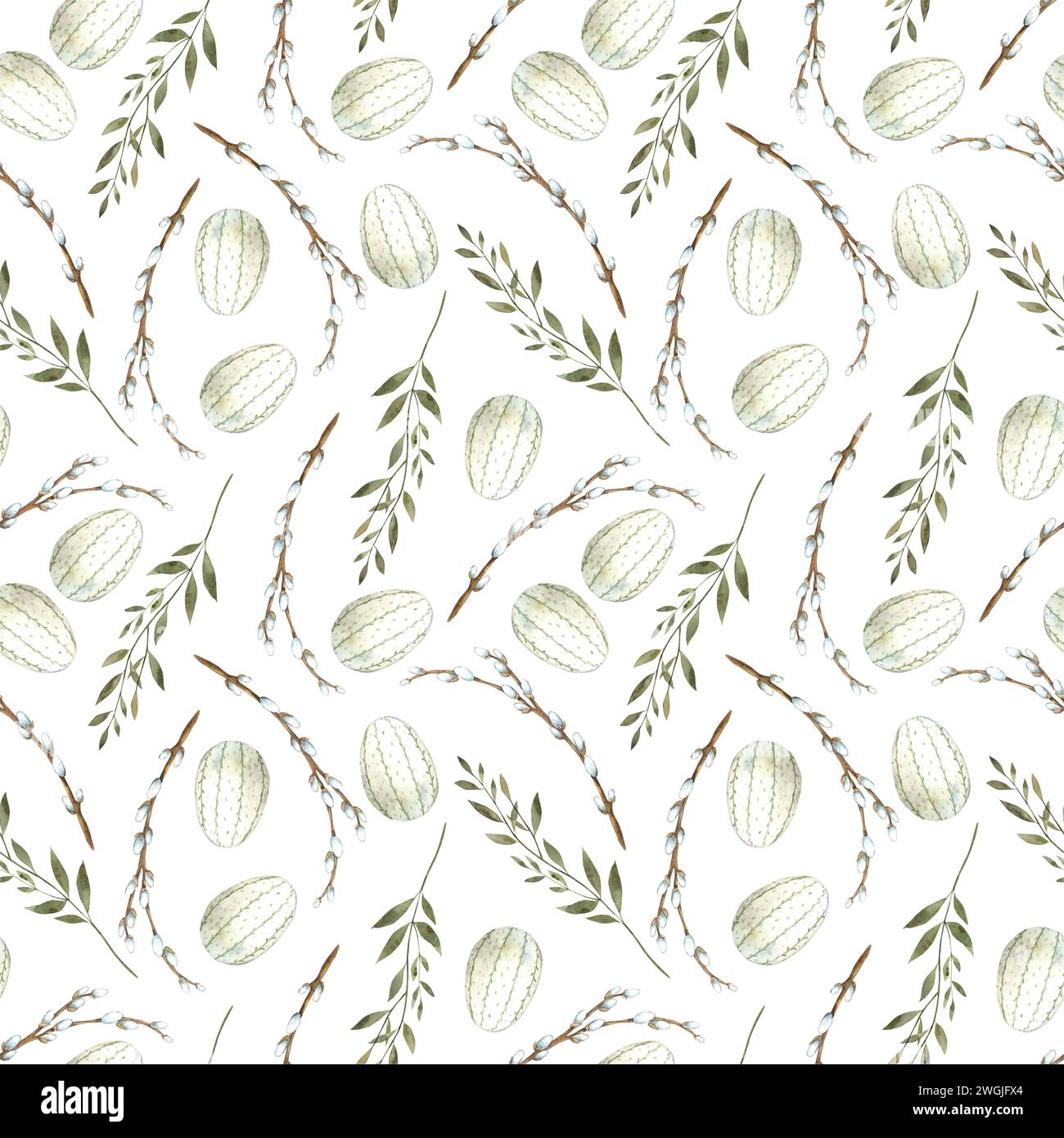 Watercolor Easter pattern on a white background with eggs, linden branches and willow. Easter ...