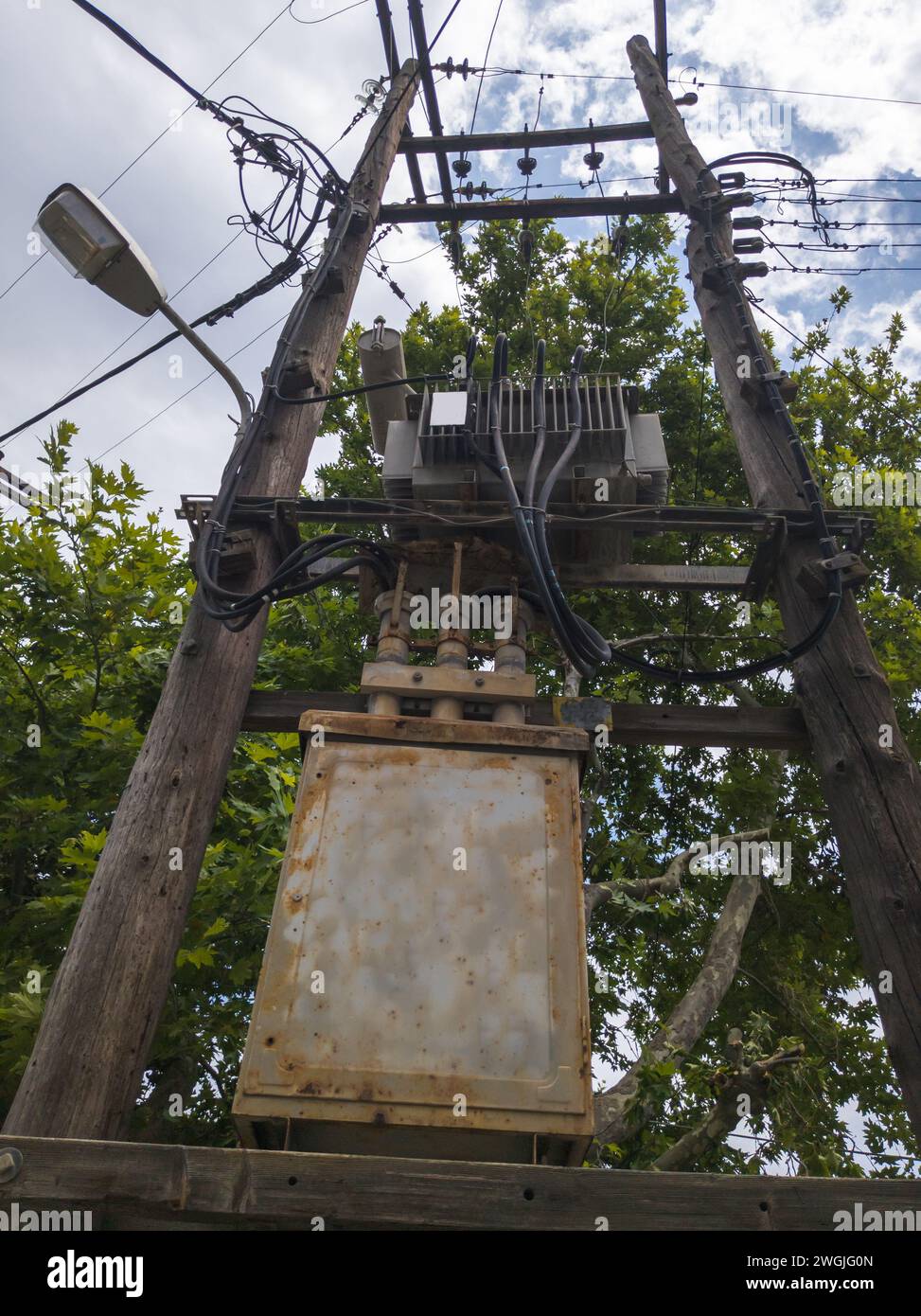 old electric street power supply on wooden poles Stock Photo - Alamy