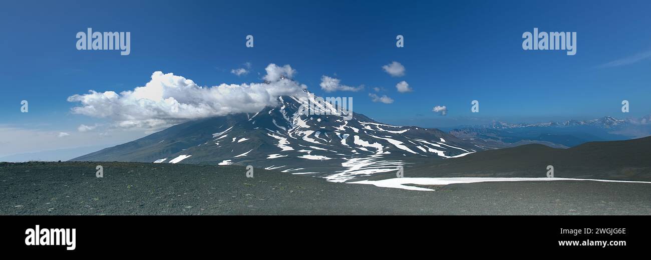 Volcanic upheaval. Active volcano. Snowfields preserved in barrancoses ...