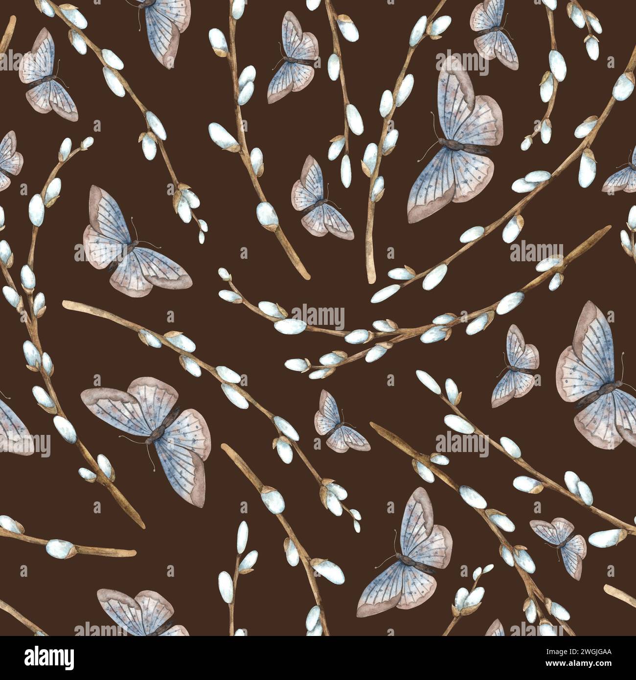 Watercolor Easter pattern on a brown background with willow and ...