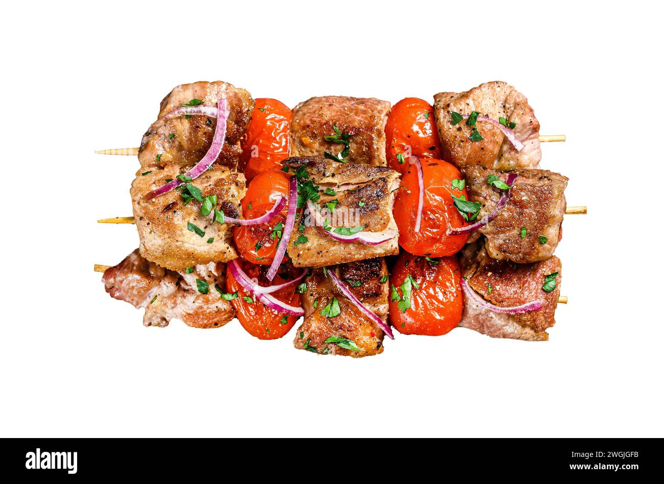 Shish kebab with onion and tomato. Grilled meat skewers. Isolated on white background. Top view ...